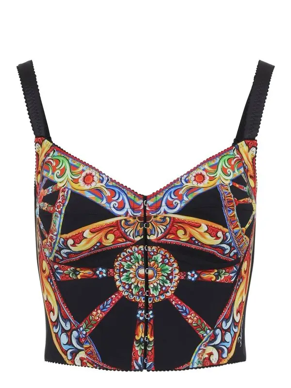 Dolce & Gabbana Carretto Print Charmeuse Corset Top - Black