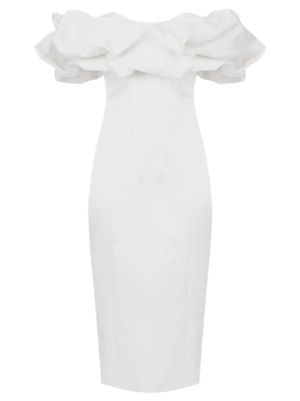 Elisabetta Franchi Off-shoulder Midi Dress With Back Slits - Ivory