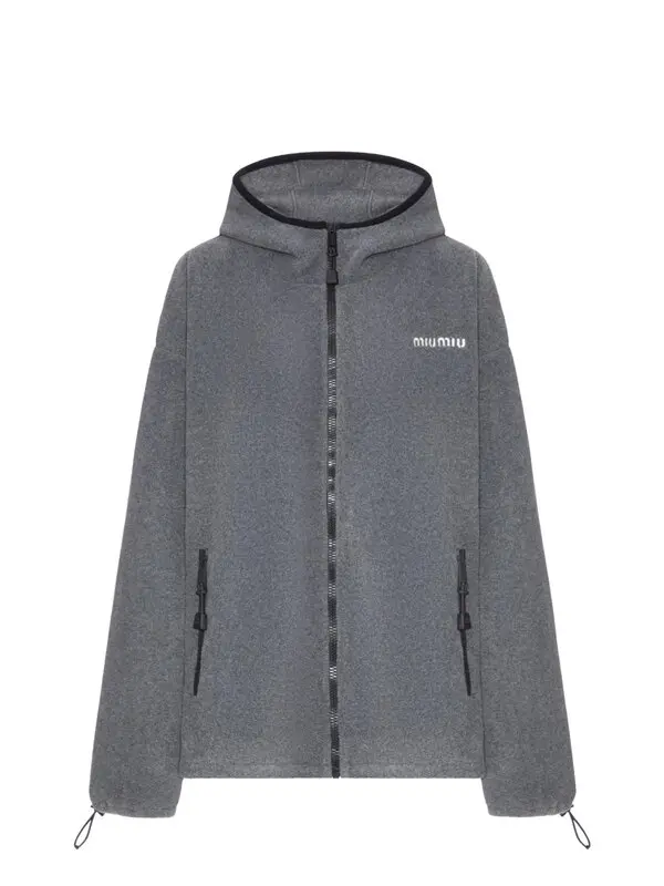 Miu Miu Logo Embroidered Zip-up Fleece Hoodie - Grey