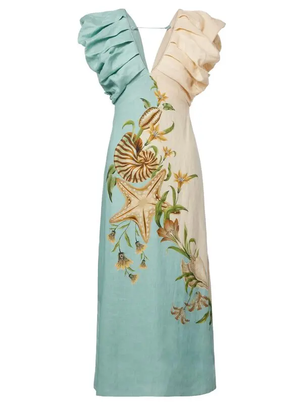 Farm Rio Marine Garden Sand Linen Midi Dress - Multicoloured