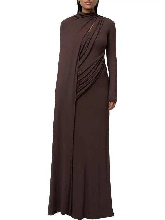 JLUXLABEL Long Sleeve Gown With Draped Elegance - Brown