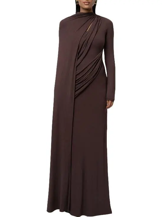 JLUXLABEL Long Sleeve Gown With Draped Elegance - Brown