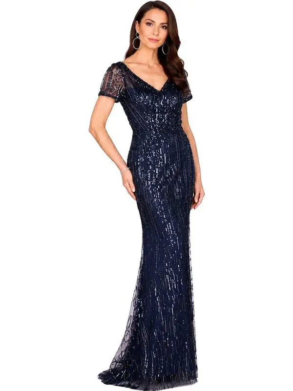 LARA NEW YORK Beaded Faux-wrap V-neck Bridal Gown - Navy