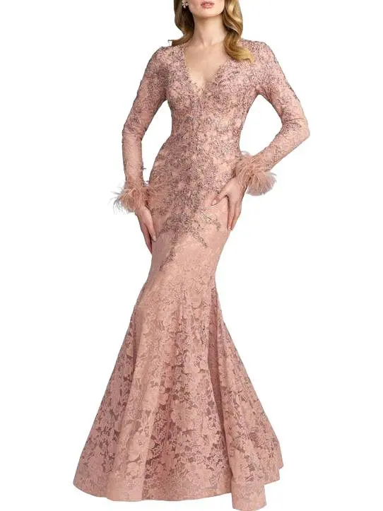 Mac Duggal Long Sleeve Feather Embellished Mermaid Gown - Rose