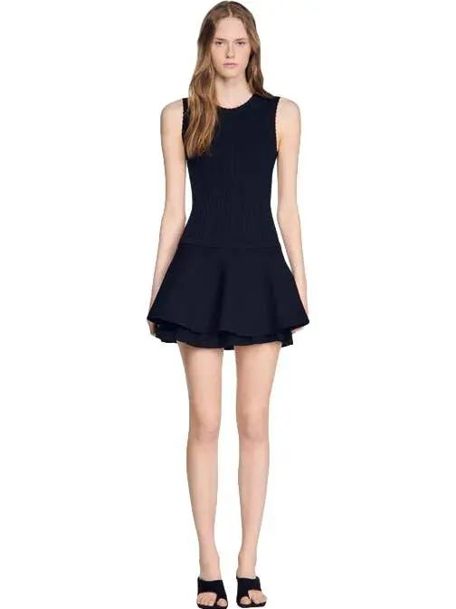 Sandro Knit Mini Dress With Ruffled Hem - Black