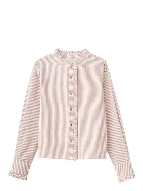 CARTOLINA Percy Seersucker Button-up Shirt With Ruffle Detailing - Tan