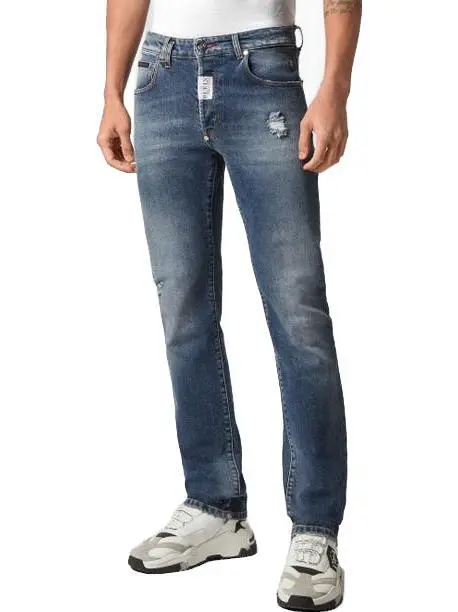 Philipp Plein Super Straight Cut Denim Trousers With Hexagon Logo - Bluemarlin