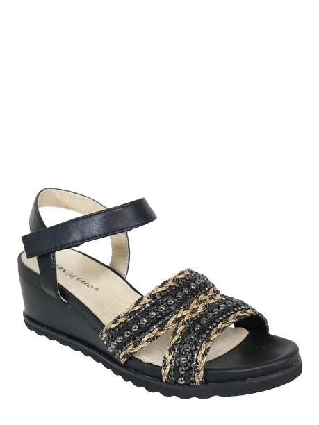 DAVID TATE Embellished Ankle Strap Wedge Sandals - Black
