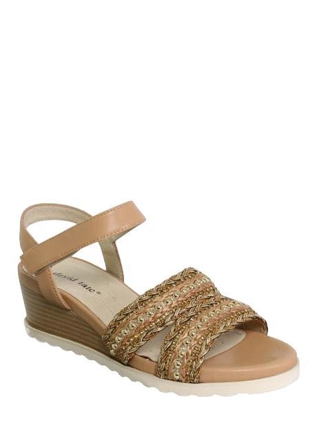 DAVID TATE Embellished Ankle Strap Wedge Sandals - Tan