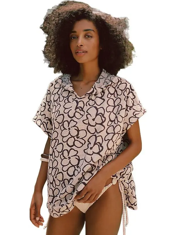 Anthropologie Hooded Cotton Tunic Top With Split Hem - Brown Pattern
