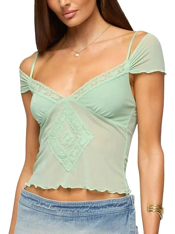 EDIKTED Sheer Mesh Top With Lace Detailing - Mint