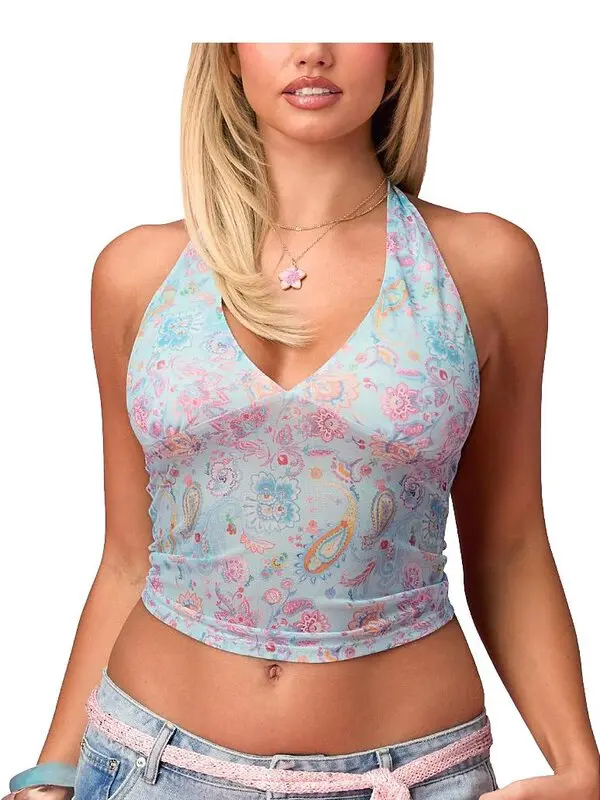 EDIKTED Paisley Mesh Halter Top - Light-blue