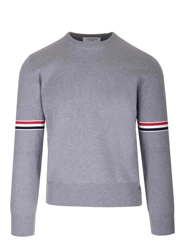 Thom Browne Milano Stitch Crew Neck Sweater With Grosgrain Stripe Detail - Gray