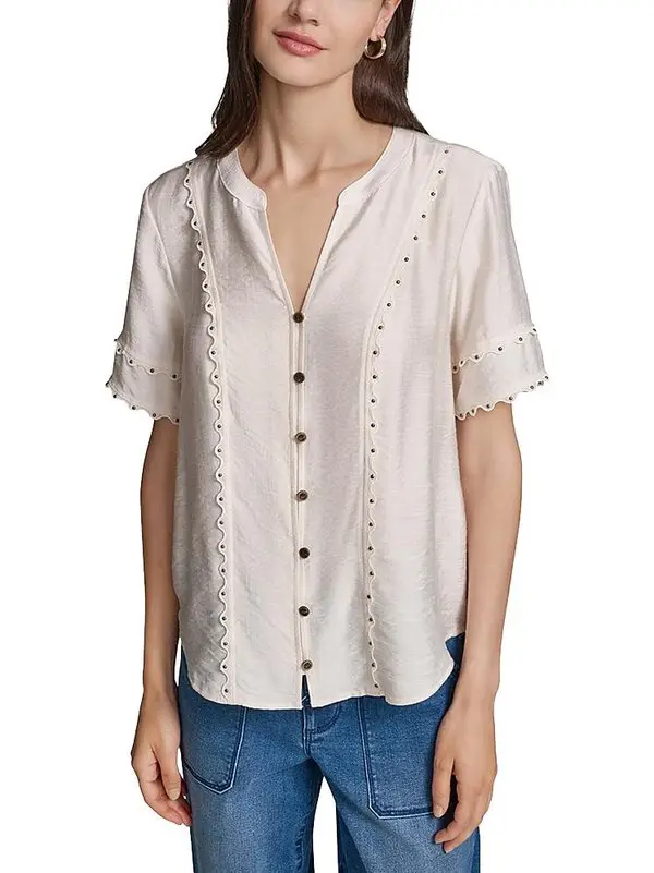 Karl Lagerfeld Paris Gold Tone Nail Head Embellished Top - Bisque