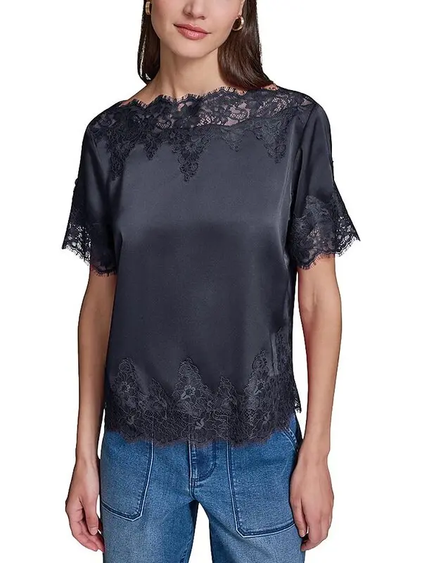 Karl Lagerfeld Paris Silky Lace Trim Top - Midnight