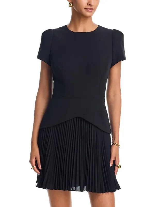 MILLY Haddy Pleated Short Sleeve Mini Dress - Black