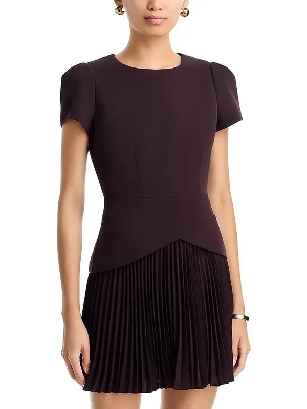 MILLY Haddy Pleated Short Sleeve Mini Dress - Brown