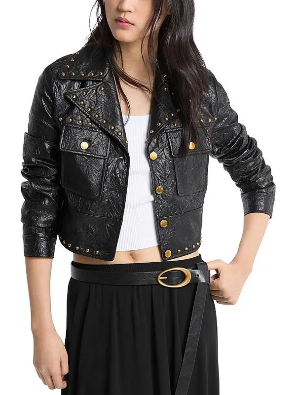 Michael Kors Studded Faux Leather Cropped Jacket - Black