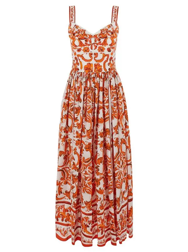 Dolce & Gabbana Cotton Maiolica Print Long Dress - Orange