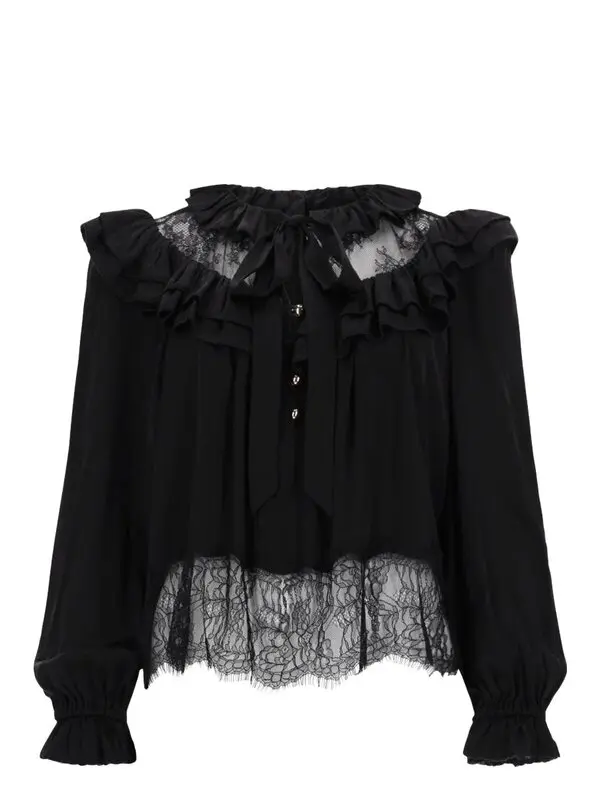SELF-PORTRAIT Ruffled Lace Trim Tie-neck Blouse - Black