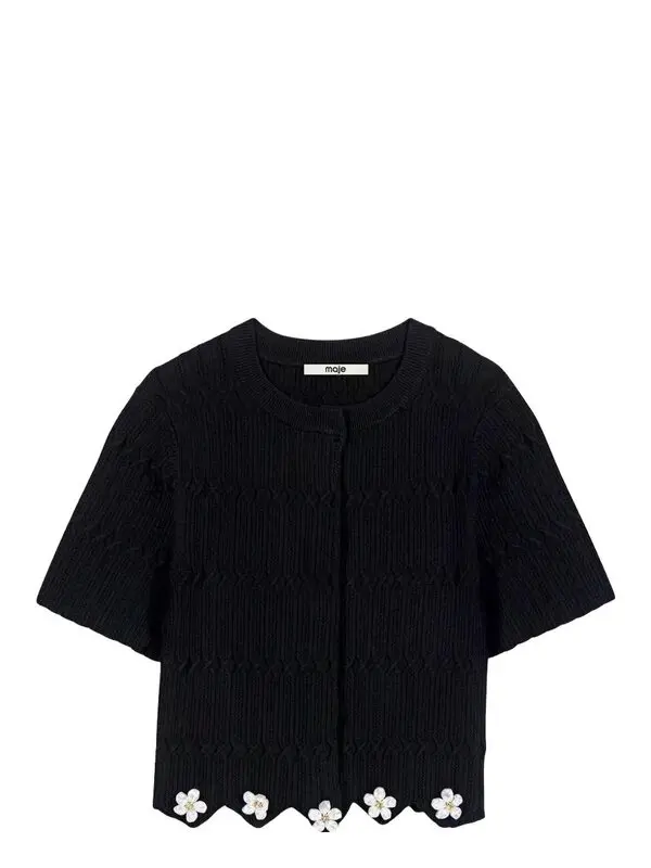 Maje Cropped Cardigan With Floral Embellishments - Black