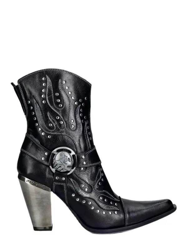 NEW ROCK Skull Plaque Flame Appliqué Boots - Black