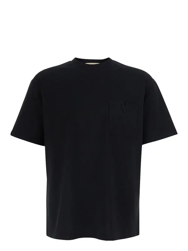 Valentino Garavani Black T-shirt With Pocket With Metallic Vlogo In Cotton For - Multicolor