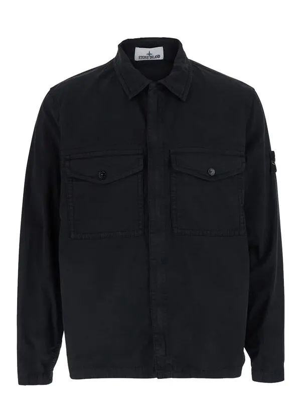 Stone Island Shirt With Classic Collar And Logo Patch On The Sleeve In Cotton For - Black