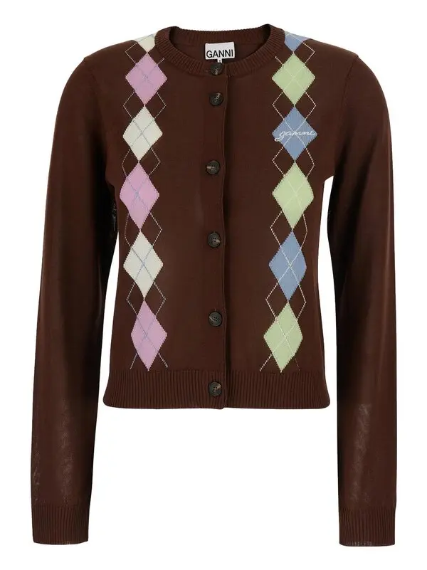 GANNI Cotton Argyle Motif Crew Neck Cardigan - Brown