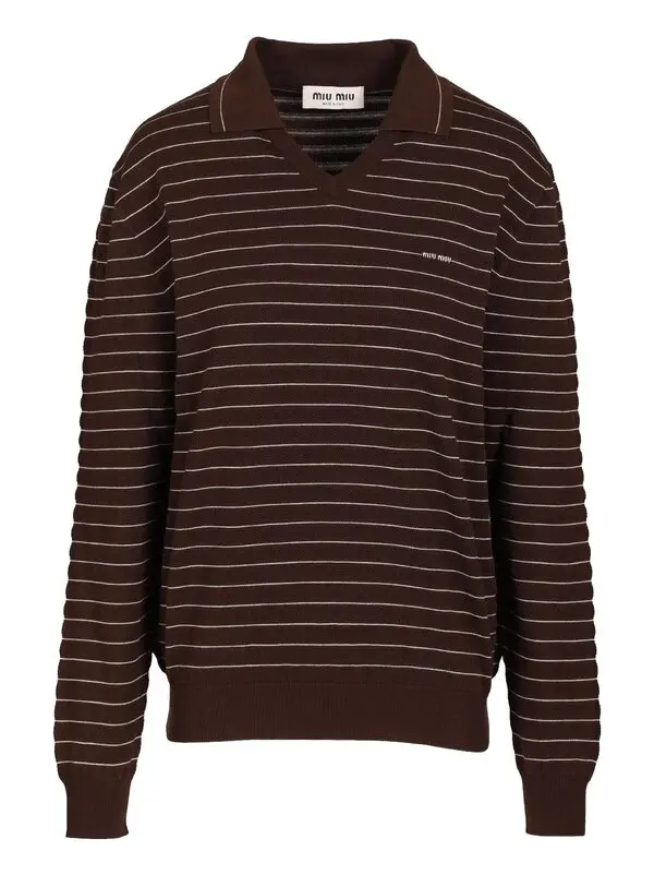Miu Miu Striped V-neck Polo Sweater - Brown
