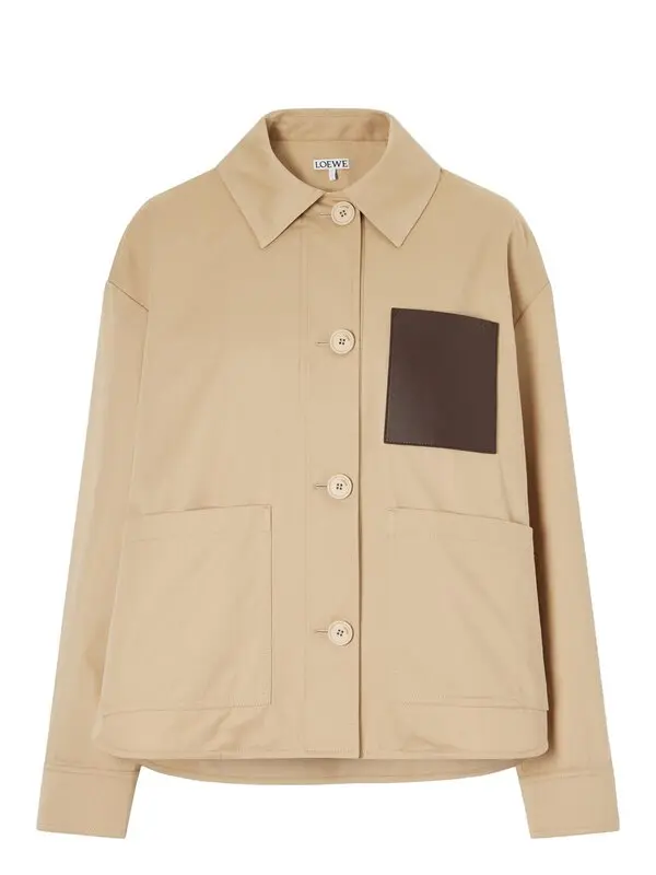 Loewe Anagram Embossed Leather Trimmed Cotton Gabardine Jacket - Neutrals