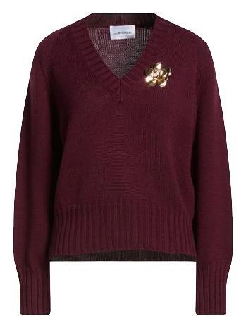 ANNA MOLINARI Wool V-neck Sweater With Brooch Embellishment - Plum
