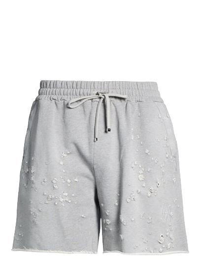 Amiri Distressed French Terry Bermuda Shorts With Embroidered Logo - Grey