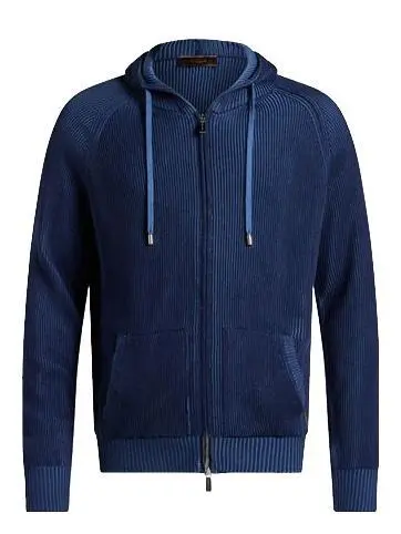 MOORER Cotton Ribbed Knit Zip-up Cardigan - Blue