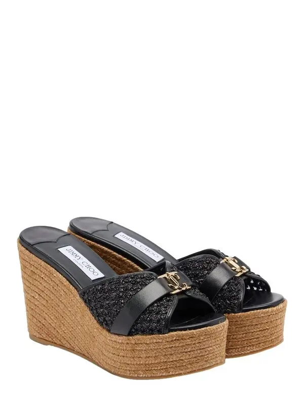 JIMMY CHOO Leda Raffia Wedge Mules With Leather Trim - Black