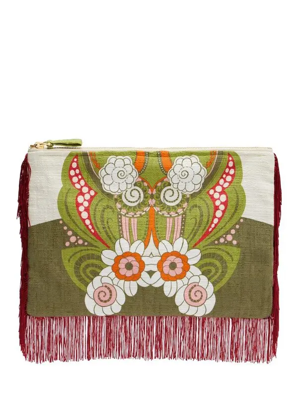 La DoubleJ Fringed Printed Cotton Canvas Pouch - Multicoloured