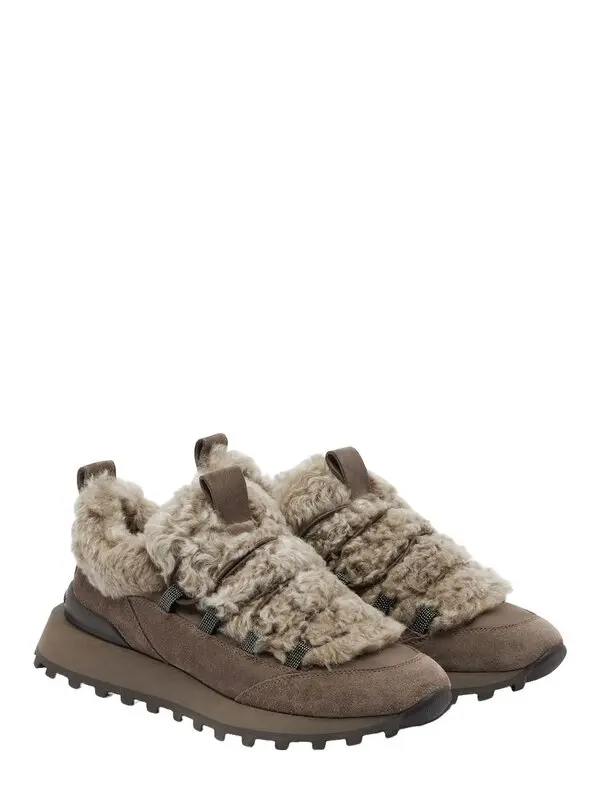 Brunello Cucinelli Monili Shearling-trimmed Suede Sneakers - Brown