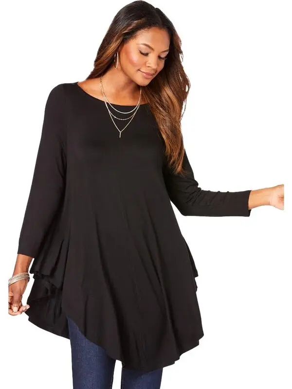 ROAMAN'S Boatneck Swing Tunic Top With Ultra Drape - Black