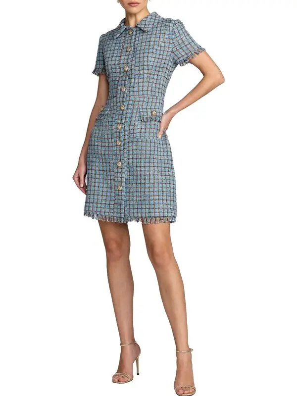 Mac Duggal Collared Tweed Mini Dress With Fringe Trim - Blue Multi