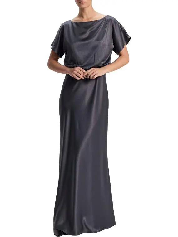 Ronen Chen Maxi Satin Dress With Bateau Neckline And Dolman Sleeves - Grey