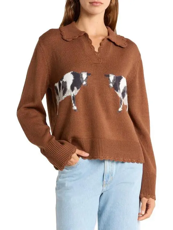 Farm Rio Countryside Cow Split Neck Sweater - Brown