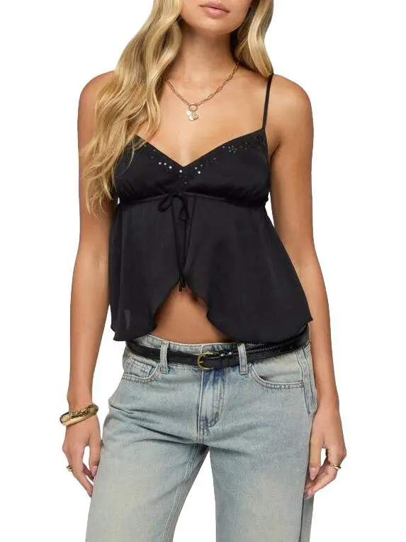 EDIKTED Sequin Split Front Babydoll Top - Black