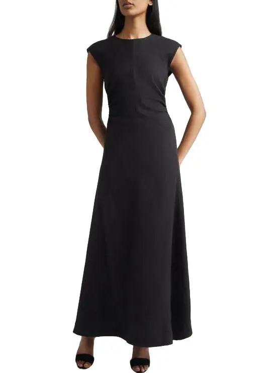 St. John Stretch Linen Blend Twill Cap Sleeve Dress - Black