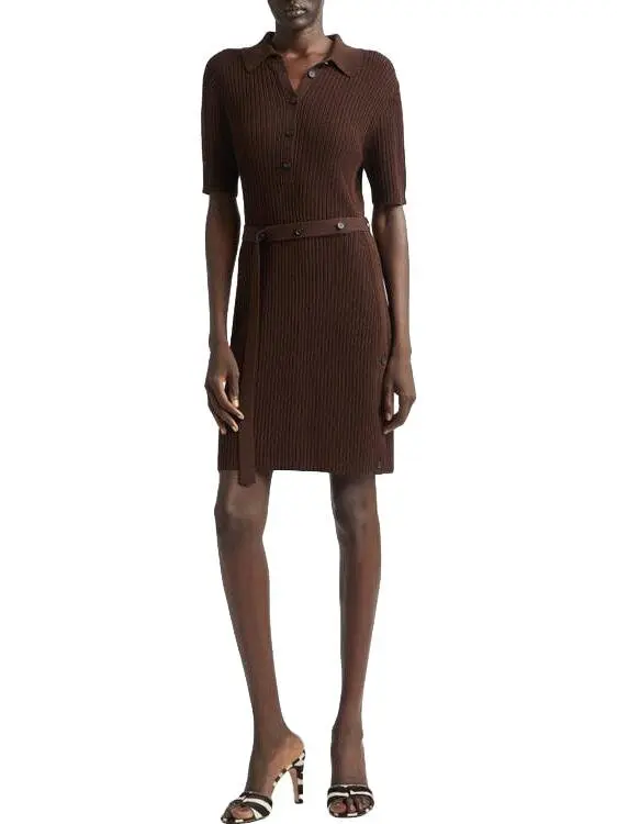 FERRAGAMO Ribbed Knit Polo Dress With Belt - Expresso