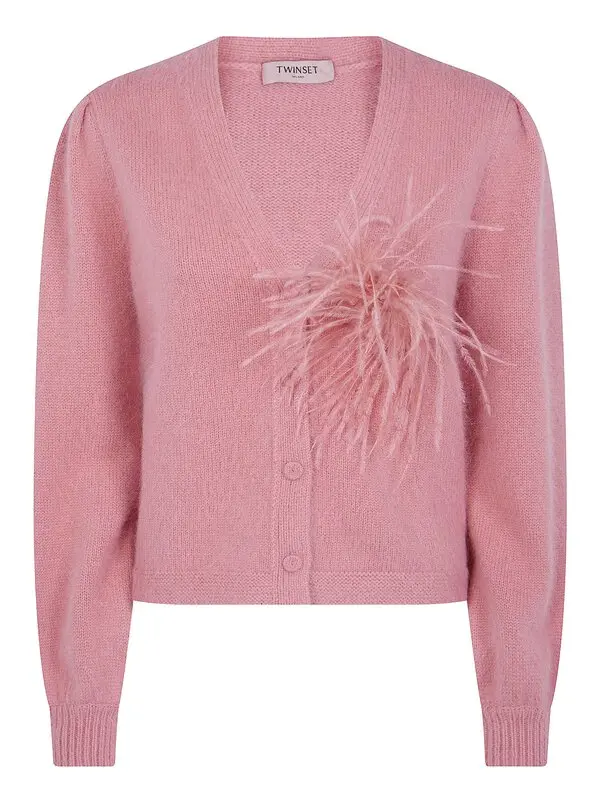 TWINSET Feather Embellished V-neck Cardigan - Pink