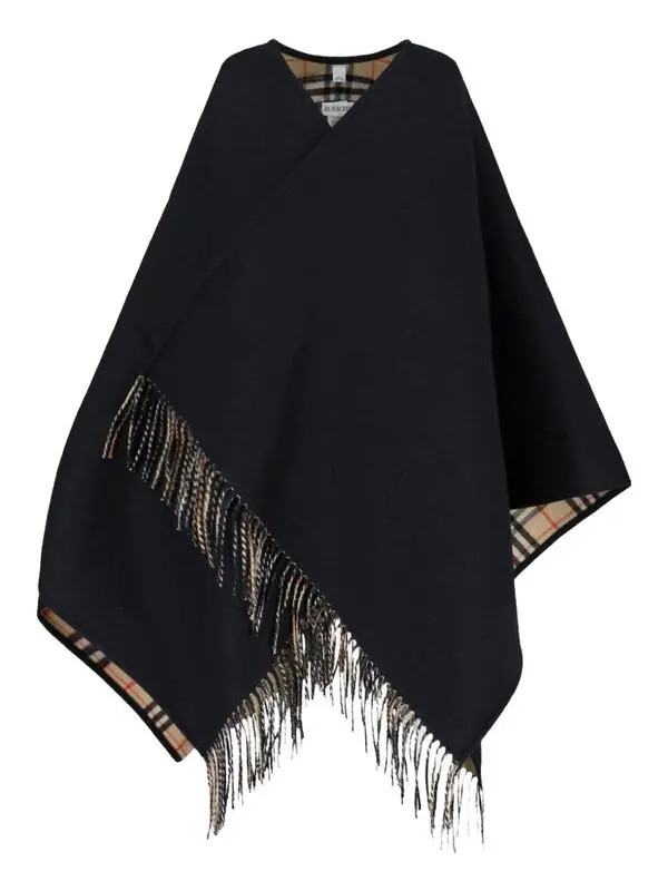 Burberry Wool Poncho With Fringe - Black
