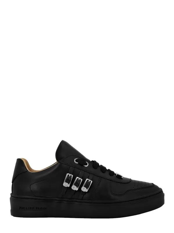 Philipp Plein Leather Low-top Sneakers With Jewel Buckle - Black