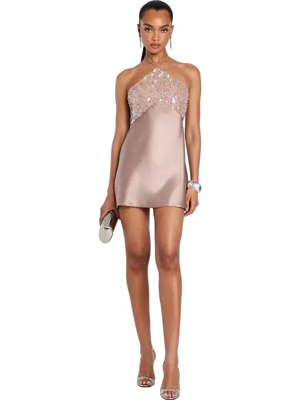 Retrofete Jeanne Embellished Halterneck Mini Dress - Truffle