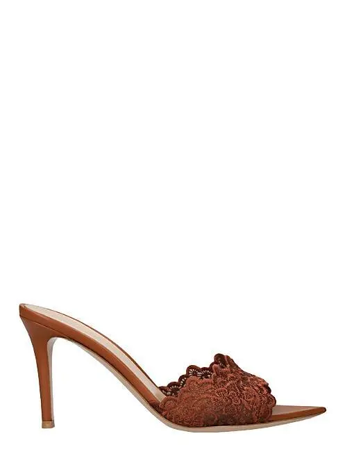 GIANVITO ROSSI Yvonne 85 Heeled Leather Mules With Floral Embroidery - Brown