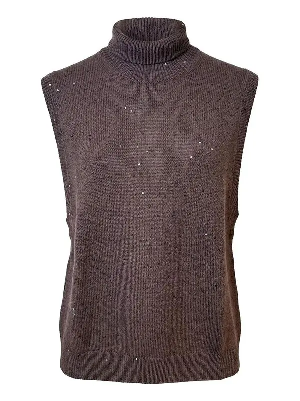 Brunello Cucinelli High Neck Sleeveless Top With Sequin Embellishments - Brown